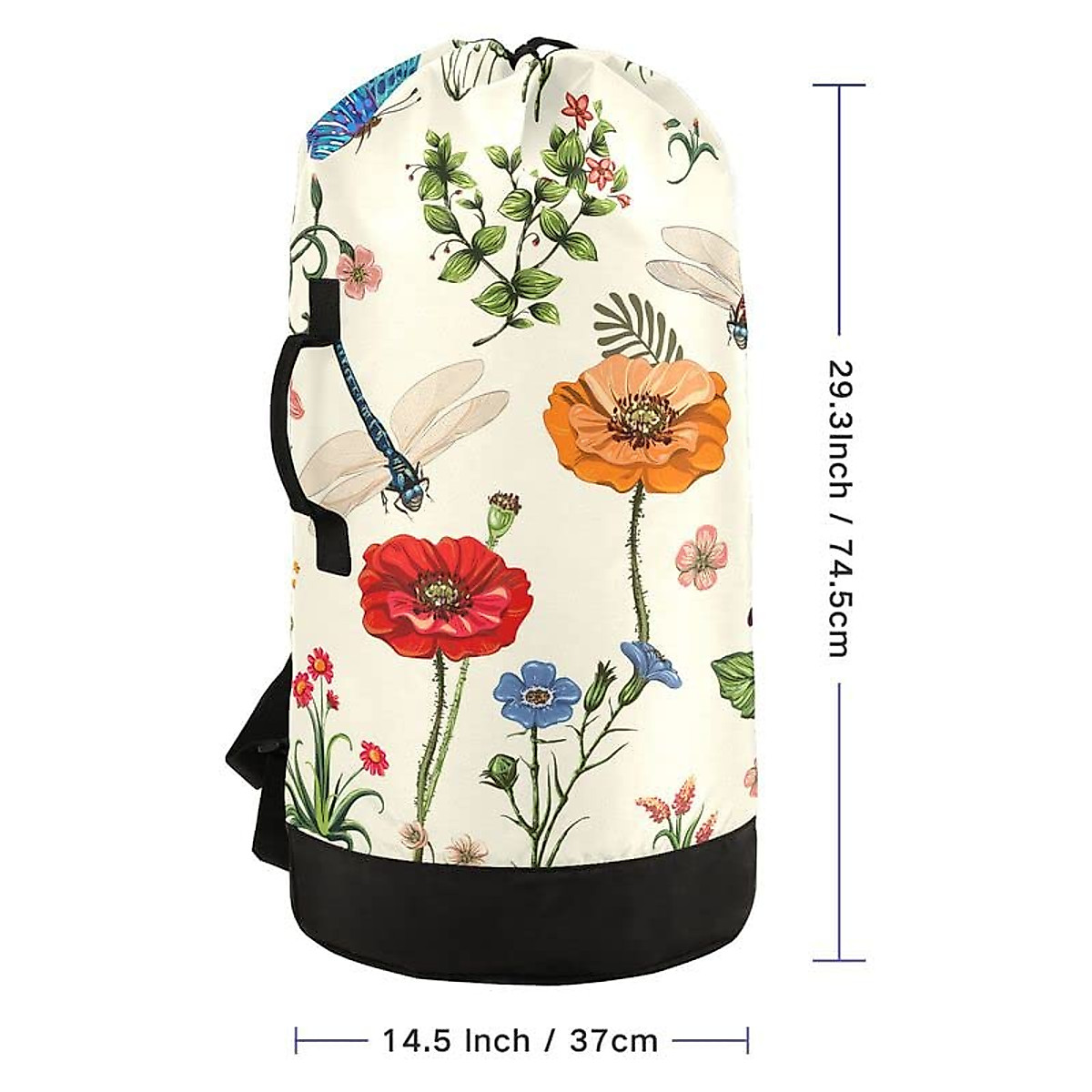 VIGTRO Spring Flowers Dragonflies Large Heavy Duty Laundry Backpack Hamper with Shoulder Strips and Drawstring, Summer Poppies Green Leaves Nylon Waterproof Laundry Bag Durable for Dorm Laundromat Travel
