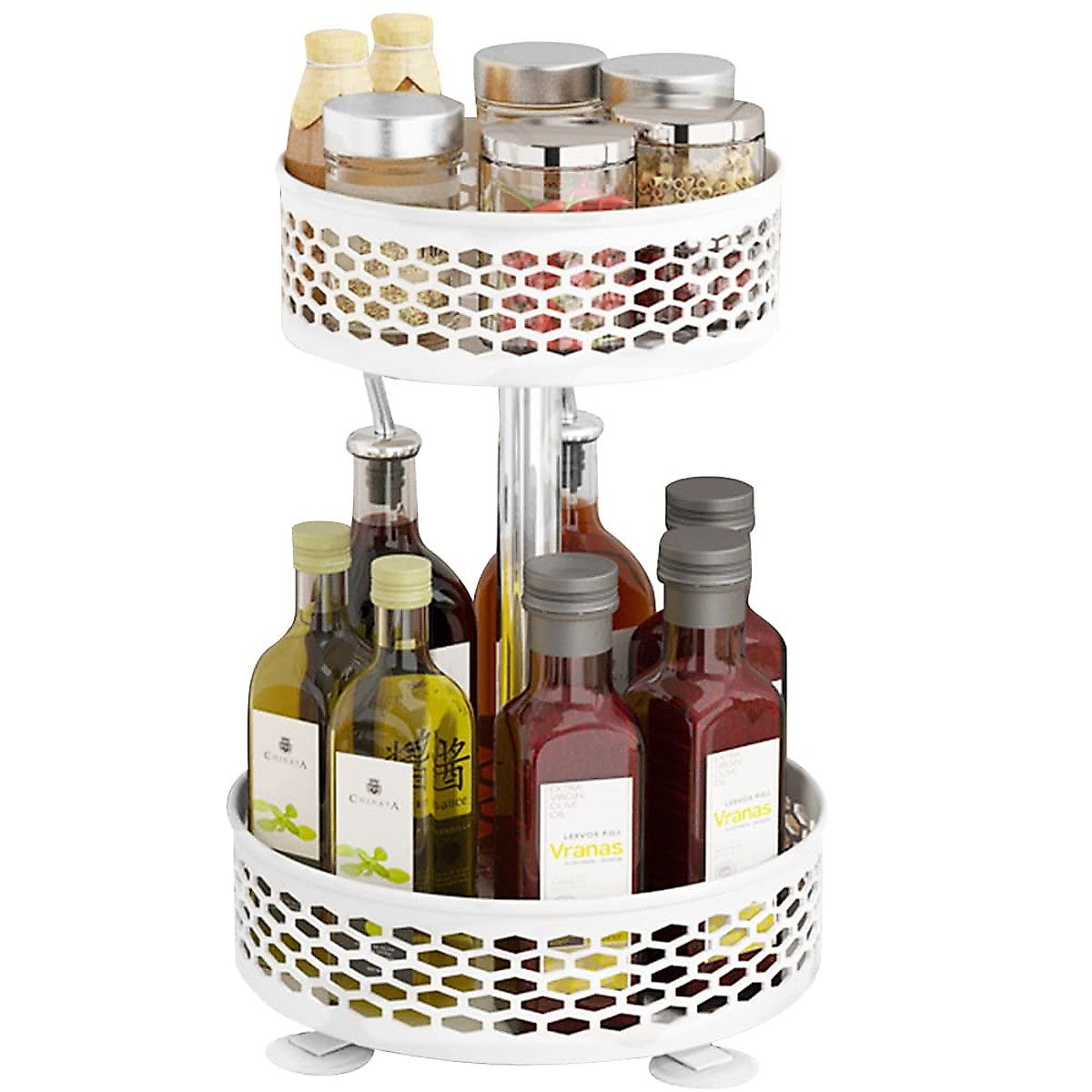 LBW Lazy Susan Organizer, 2 Tier Spice Turntable Organizer for Cabinet with Metal Sell, 10.2''Lx13.9''H Adjustable Spice Rack for Kichen Bathroom Table, White