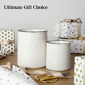 DOWAN Kitchen Utensil Holder, 7.2″ Extra-Large Ceramic Stable Utensil Caddy, Rustic Cooking Utensil Crock for Farmhouse Kitchen Décor with Countertop-Protection Cork Bottom, Counter Utensil Organizer