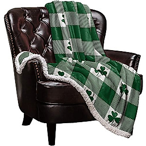 Sherpa Throw Blanket St. Patrick's Day Irish Green Shamrock Clover Super Soft Cozy Warm Luxury Microfiber Blankets Flannel Fleece Plush Quilt Bedspread for Bed Couch Sofa Buffalo Lattice