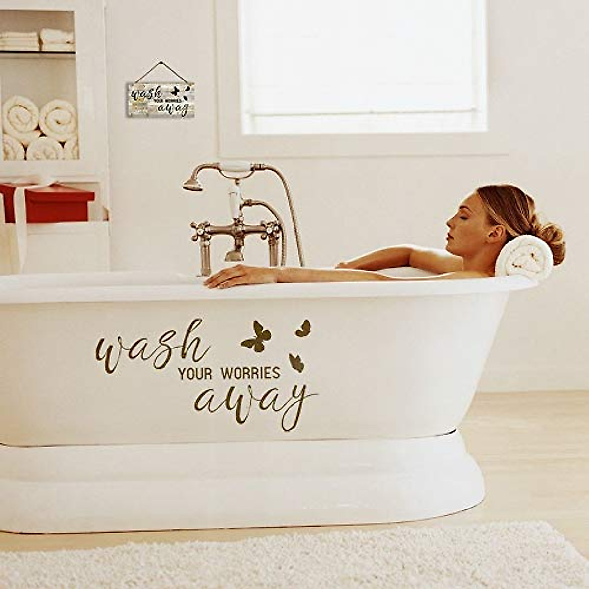 Bathroom Picture Wall Decor Printed Wood Plaque Sign - Wash Your Worries Away - Bathroom Decor Wall Arts Size 11.5" x 6"