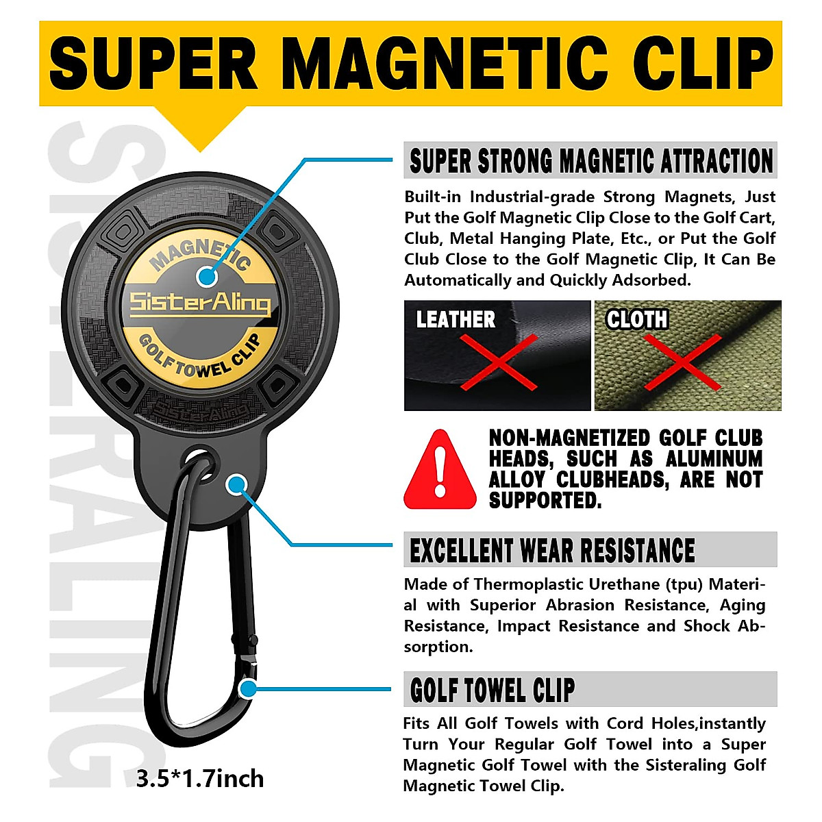 SisterAling Putter Ball Retriever Magnetic Clip for Golf Towel