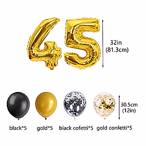 45th Birthday Decorations Black Gold for Men Women, 45th Birthday Banners Number 45 Birthday Balloons Star Foil Confetti Balloons for Cheers to 45 Years Old Birthday Party Decorations(45th)