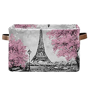 Paris Eiffel Tower Flower Vintage Storage Bin Canvas Storage Basket Large Toy Storage Cube Box Collapsible with Handles for Home Office Bedroom Closet Shelves, 1 pc