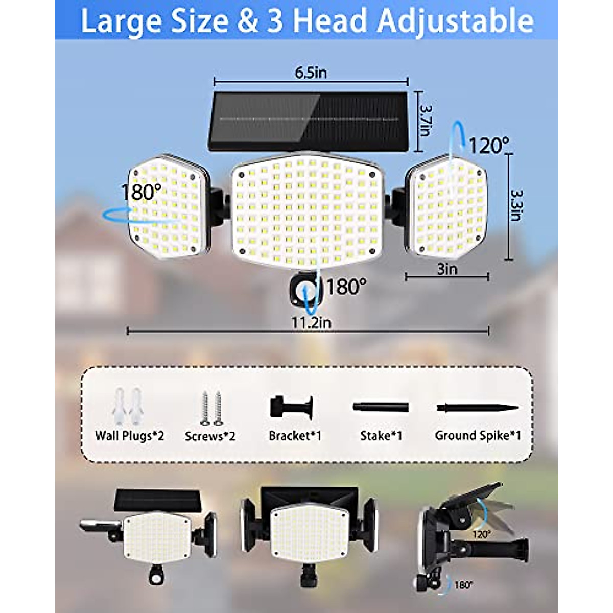 HAARAY Solar Lights Outdoor, 208 LED Super Bright Motion Sensor Lights with Stake, Wall Mount, IP65 Waterproof, 3 Head Adjustable Security Flood Lights for Garden Porch Pathway