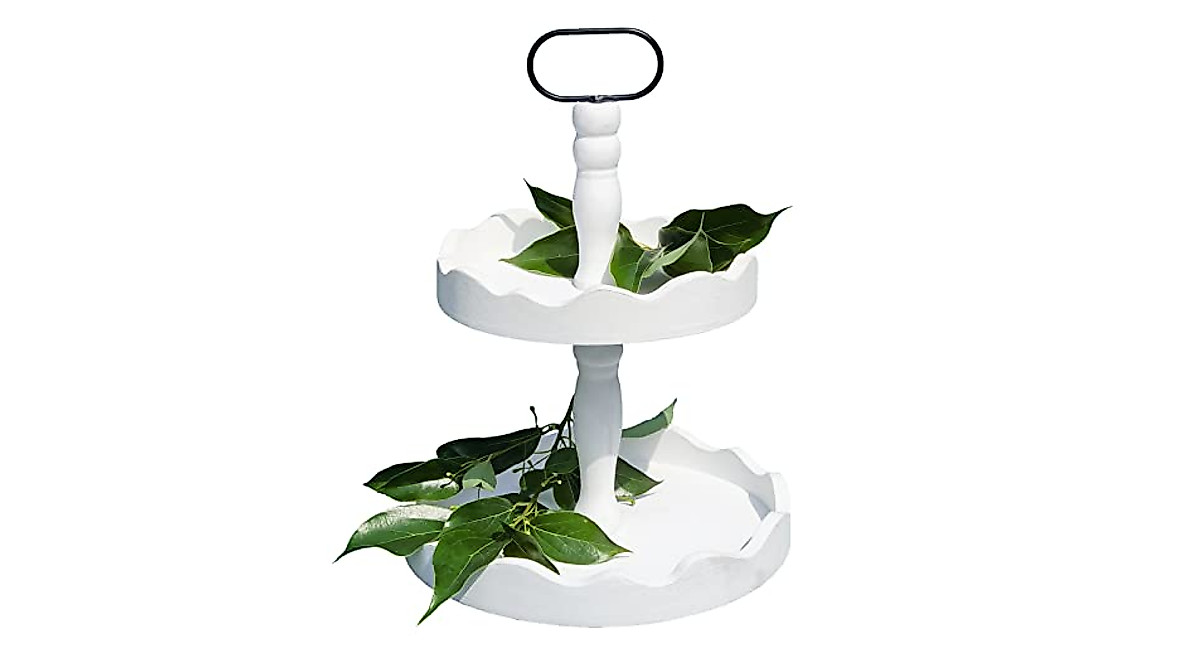 Farmhouse White Wood Two-Tier Tray with Metal Handles | Rustic Decor