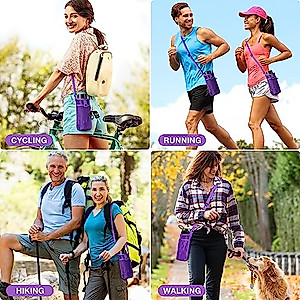 Water Bottle Bag with Strap, Mesh Water Bottle Holder Crossbody Bottle Sling Bag Adjustable Shoulder Strap and Pocket - Lightweight Water Bottle Carrier for Walking Sports Hiking Camping (Purple)