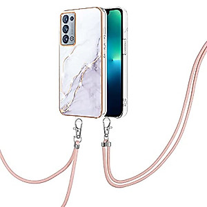 ONV Lanyard Case for Oppo Reno 6 Pro+ 5G - Crossbody Detachable Neck Strap Phone Case Silicone Bumper Marble Painted TPU Ultra Thin Cover for Oppo Reno 6 Pro+ 5G [Marble] -White