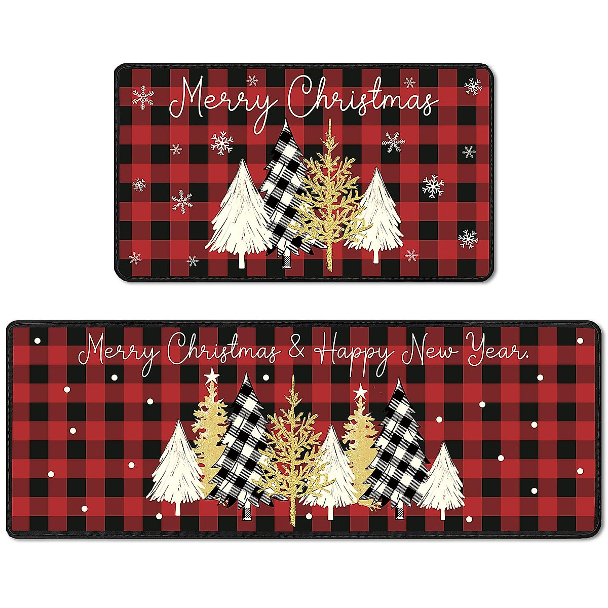 Bencailor 2 Pcs Christmas Kitchen Rugs and Mats Set of 2 Red Black Buffalo Plaid Merry Christmas Xmas Trees Floor Mat Non Slip Checkered Doormat Home Holiday Kitchen Decor, 17 x 30 Inch, 17 x 47 Inch