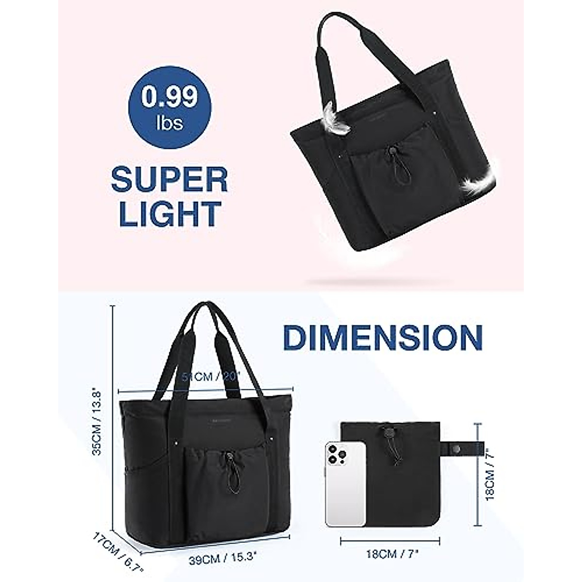 BAGSMART Women Foldable Tote Bag with Drawstring Storage Bag, Large Tote Bag Shoulder Bag Top Handle Handbag for Travel, Work, Beach, Gym, Shop, (Black)