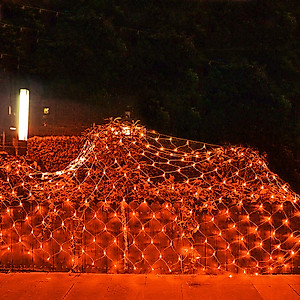 Joomer 12ft x 5ft 360LED Orange Halloween Net Lights Outdoor Mesh lights, 8 Modes Timer Connectable Waterproof Bush Lights Mesh Netting Lights for Halloween Outdoor Decorations (Clear Wire)