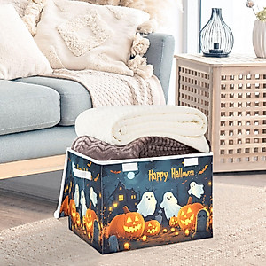 Storage Bins with Lids and Handles,Halloween Background with Pumpkins Ghosts and Cemetary Storage Box Storage Basket with Cover Collapsible Organizer Containers for Home Closet, Shelves