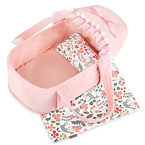 GAGAKU Baby Doll Bassinet, Doll Carrier Doll Carry Cot Set with Canopy and Pillow Blanket for 9 10 11 12 Inch Dolls Stuffed Animals - Pink