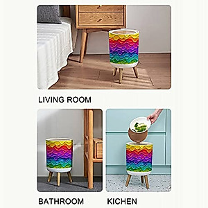 Small Trash Can with Lid Bright Rainbow Glaze Seamless Texture for Fabric Wrapping Decorative Garbage Bin Wood Waste Bin Press Cover Round Wastebasket for Bathroom Bedroom Diaper Office Kitchen