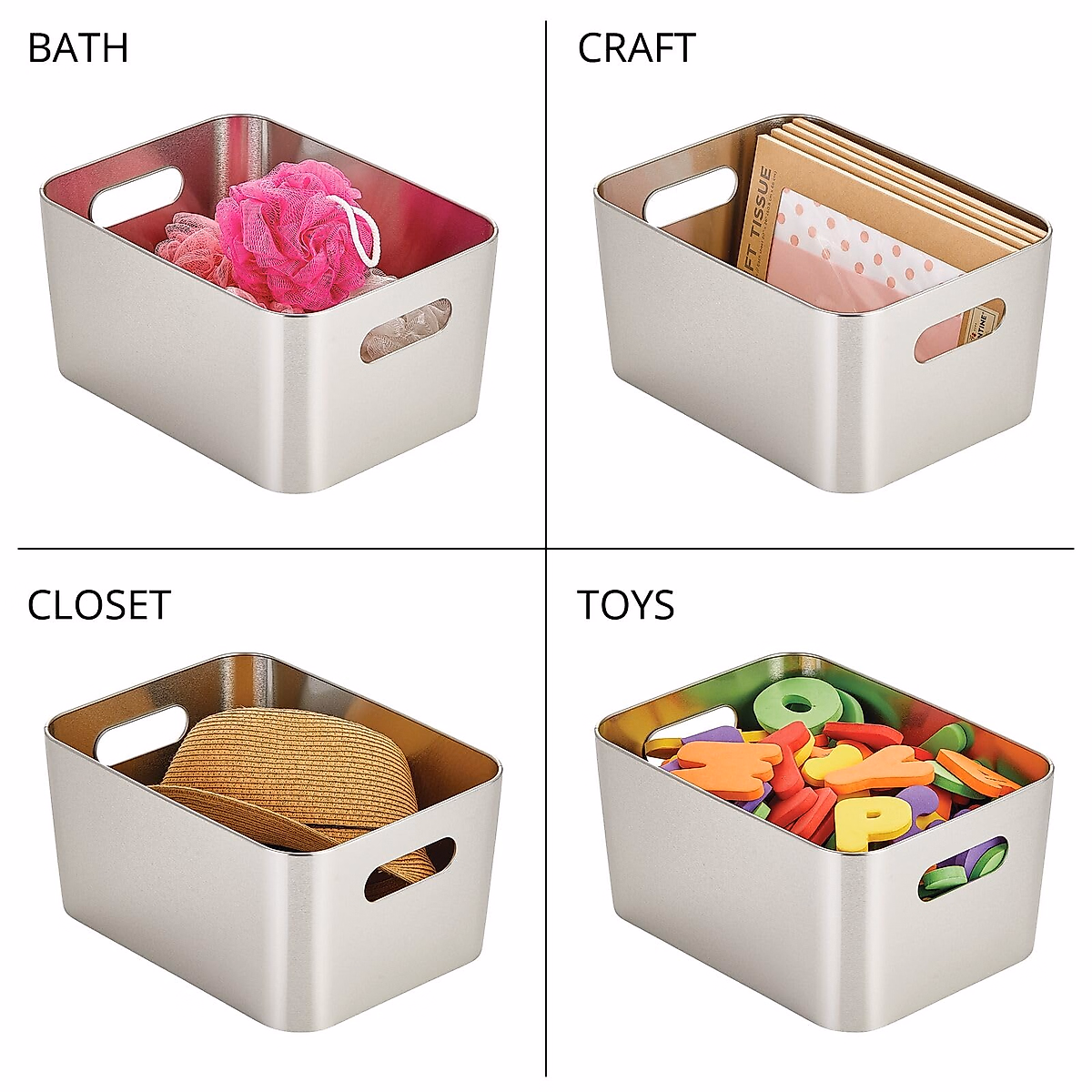 mDesign Steel Metal Storage Container Bin Basket, Handle - Kitchen Pantry, Cabinet, Fridge, Drawers, Freezer Organization - Food/Snack Holder Crates, 9" Wide, Mirri Collection, 2 Pack, Brushed Chrome