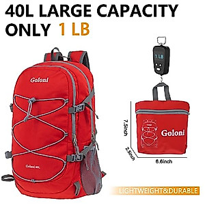 Goloni Hiking Backpack Bag,40L Ultra Lightweight Packable Backpack,Water Resistant Foldable Backpack for Travel Camping Outdoor