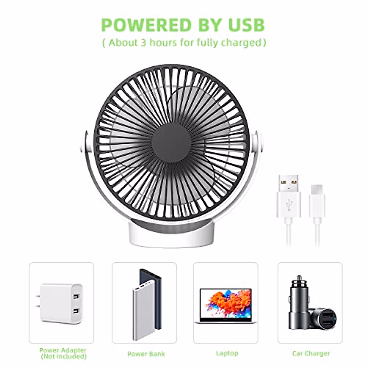 Ymumuda Desk Fan - 3 Speeds Desktop Table Cooling Fan, 6.5 Inch Rechargeable Portable Fan, Strong Airflow & 360°Rotation Adjustable, Powered by USB, Table Fan for Home Office - White