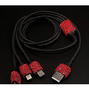 Bling Car Charger Accessories Set,Rhinestone Dual USB Car Chargers + Bling 3 in1 Nylon Braided Charging Cable,Bling Crystal Decoration Car Accessories Kits for Girl and Women (Red)