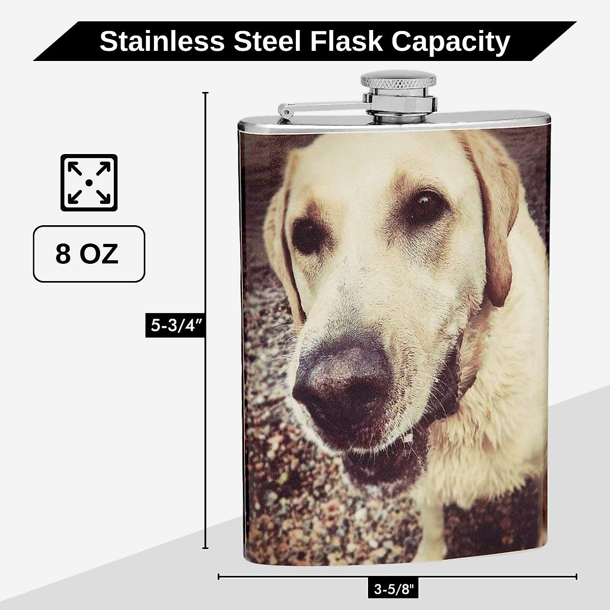 Top Shelf Stainless Steel Hip Flask Holding 8 oz | Pocket Size Leak Proof Screw-On Cap | Personalized with Pet Photo Design alcohol flask | Black Metallic Wrapped Vinyl Finish