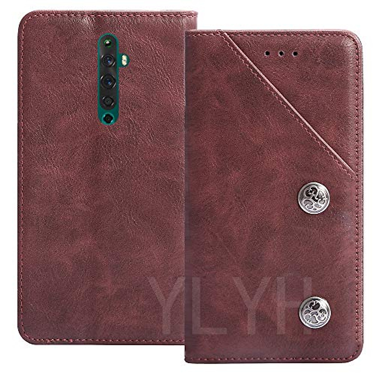 YLYT Shockproof - Red Flip Leather TPU Silicone Retro Cover with Stand Wallet Case for Oppo Reno2 6.5 inch with Card Slots