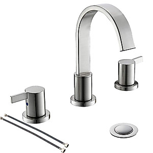 Phiestina 8 Inch Brushed Nickel Waterfall 2-Handle 3-Hole Widespread Bathroom Faucet with Pop-up Drain and Valve, WF40-1-BN