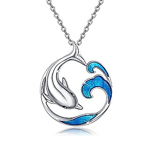 CUOKA MIRACLE Dolphin Necklace S925 Sterling Silver Cute Dolphin Necklace Ocean Wave Pendant Beach Themes Ocean Wave Jewelry Dolphin Gifts for Women Birthday
