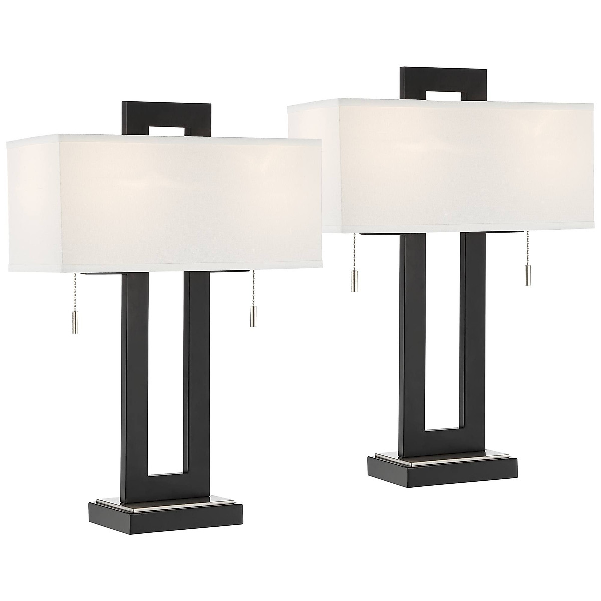 360 Lighting Neil 26" High Rectangular Rustic Modern Table Lamps Set of 2 USB Port Pull Chain Black Metal White Shade Living Room Charging Bedroom Bedside Nightstand House Office Entryway