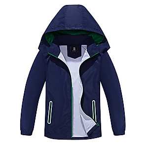 SaphiRose Kids Rain Jacket Waterproof Raincoat Mesh Lined Coat with Removable Hood for Boys Girls (Navy,8-9 years)