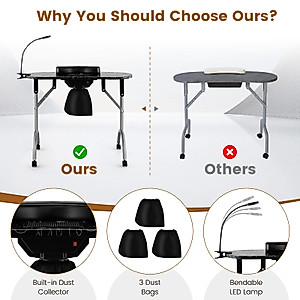 Giantex Nail Table for Nail Tech, Portable Manicure Table with Electric Dust Collector, USB-plug LED Lamp, Wrist Rest, 4 Lockable Wheels, Foldable Nail Desk with Carry Bag (Black)