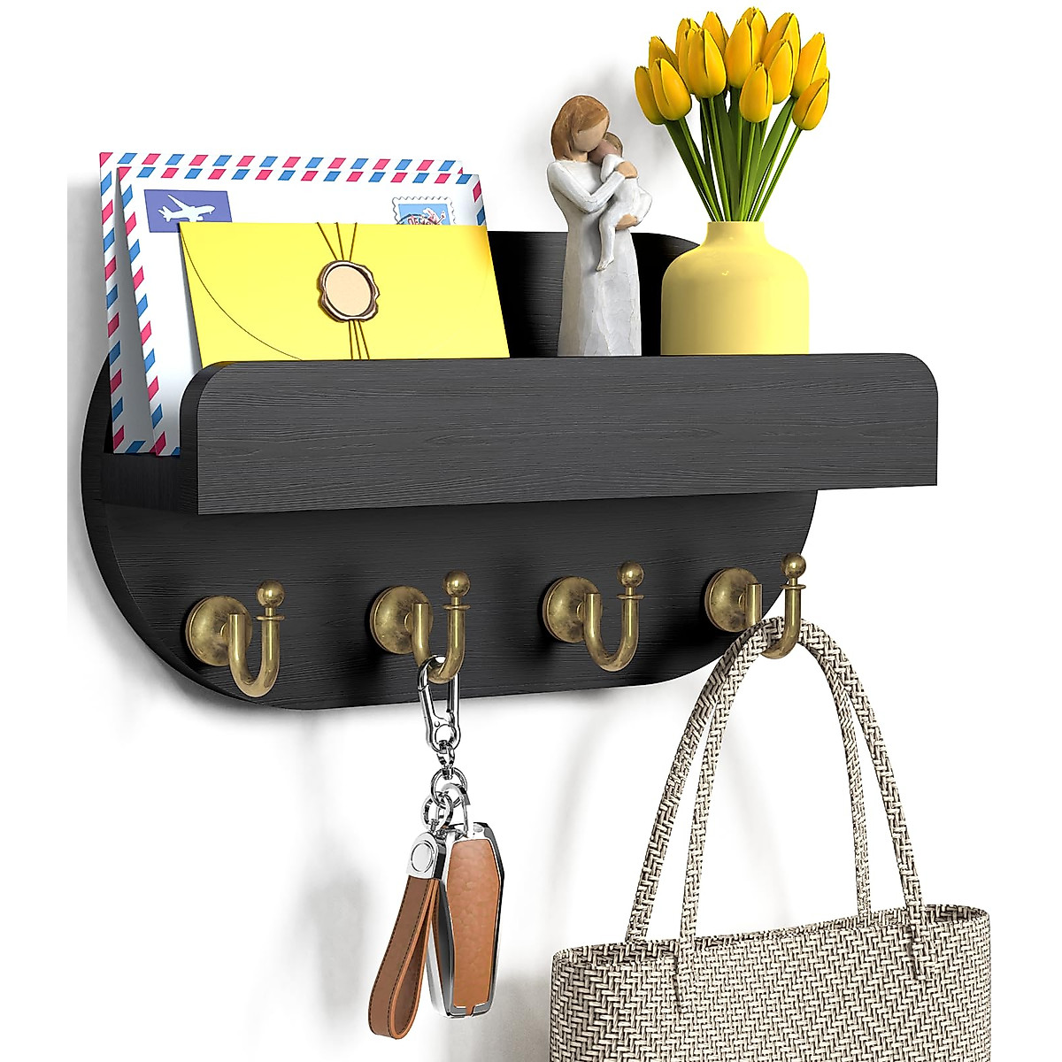 buways Key Holder Wall Mount,Key Holder for Wall Decorative Key and Mail Holder with Shelf,Modern Key Rack for Home Wall Decor for Apartment Office Entryway Front Door Living Room (Stylish Black)