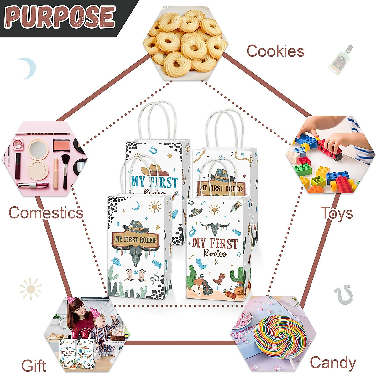 Justforjoyful 16Pcs My First Rodeo One Birthday Party Favors Bags Cowboy 1st Birthday Gift Snacks Treat Candy Paper Bags with Handle for Cowboy 1st Birthday Party Decorations Supplies 8 * 4.7 * 3inch