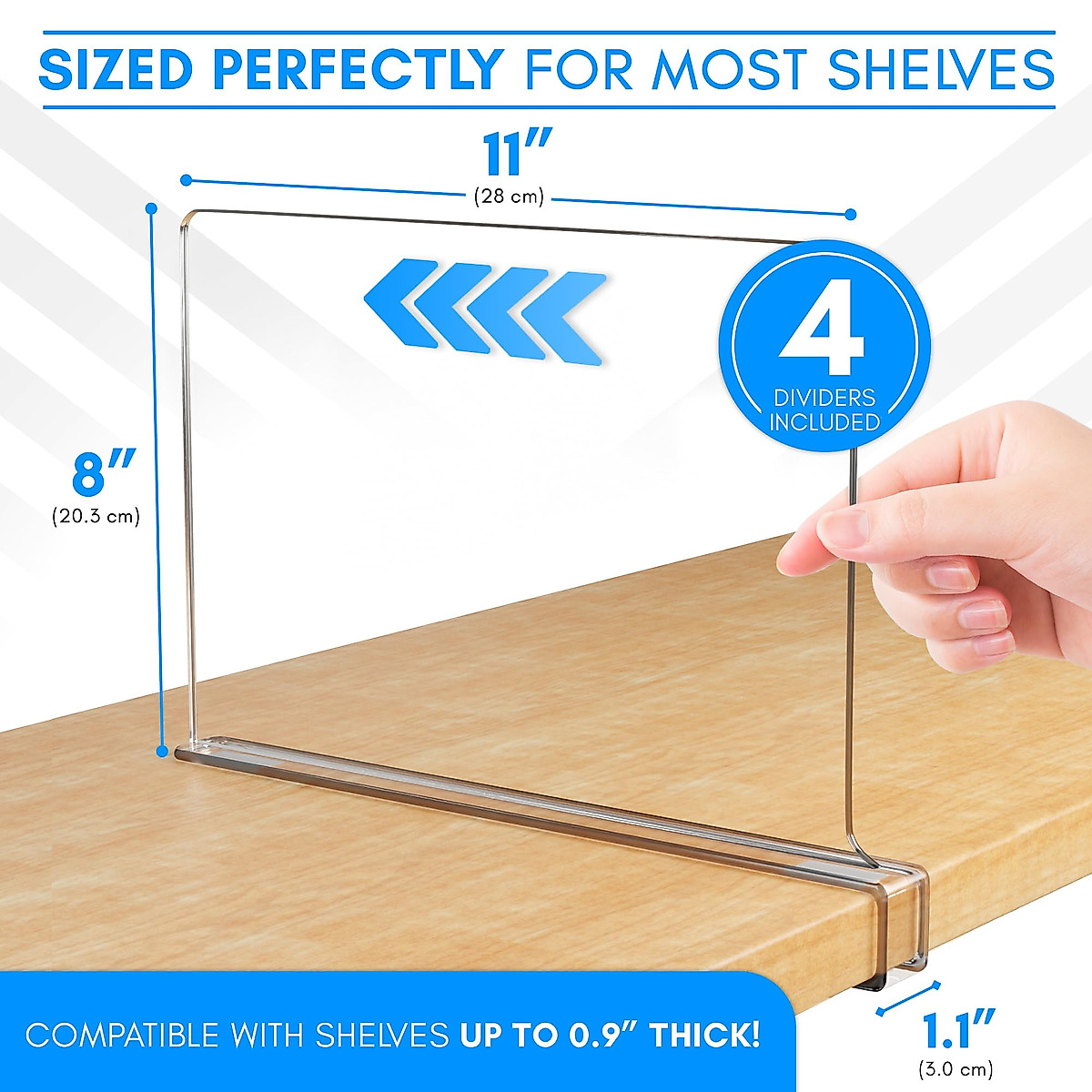 VooValley 4Pcs Clear Acrylic Shelf Dividers for Closets, Vertical Shelves - Sturdy Closet Shelf Organizer with 4 Hooks and Tape - Easy to Install Tall Shelf Separators for Bathroom, Pantry, and More