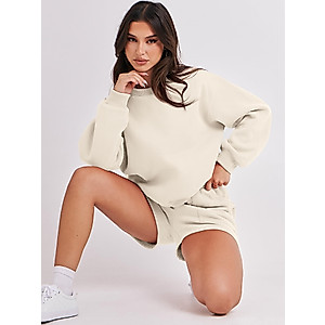 ANRABESS Women 2 Piece Outfits Sweat Shorts Sets 2025 Oversized Casual Lounge Matching Set Sweatsuit Tracksuit Clothes Beige X-Small