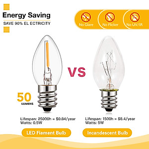 C7 LED Bulbs,0.5 Watts LED Filament Night Light Bulb Edison Style LED Sign Light E12 Candelabra Base Lamp Clear Glass 4W 5W 6W 7 Watts Equal Candle Bulbs Warm White 2700K for String Lights Pack of 6