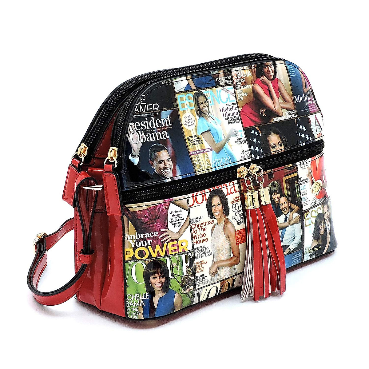 AMY&JOEY Glossy magazine cover collage multi compartments crossbody bag purses Michelle Obama bags with tassels (MULTI/RED)