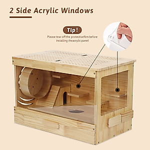 Nisorpa Hamster Cage, Wooden Hamster Habitats with Runner's Carousel & Acrylic Windows 2-Tiers Mice and Rat House Openable Top, Ventilator,Pull-Out Tray for Guinea Pig Chinchilla Small Animal