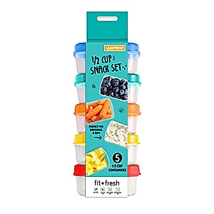 Fit + Fresh 1/2-Cup Snack Set, Condiment & Salad Dressing Containers, Reusable & Leakproof Lunch Containers, Perfect for Insulated Lunch Bag, Lunch Box & More, 5PK, Multicolor