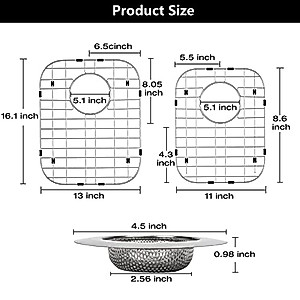 ARLBA 2Pack 304 Stainless Steel Sink Protector for Double Kitchen Sink Rear Drain,(13"x16"& 11.26"x14.5") Metal Sink Grid Sink Grate Sink Rack for Bottom of Kitchen Sink w/Sink Strainers Rubber feet