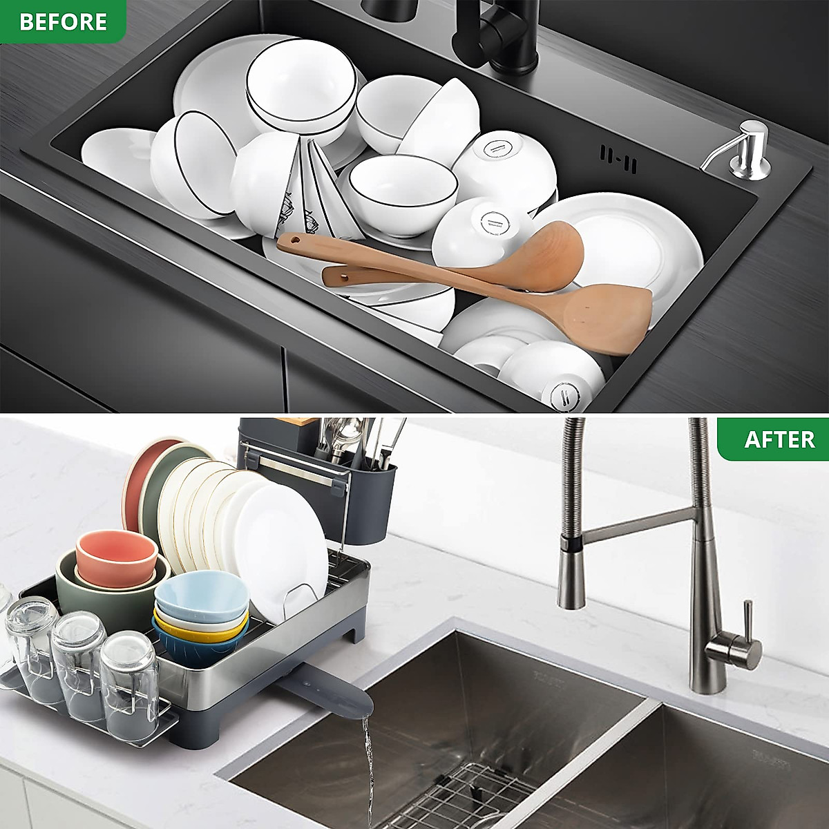 LITENEZZ Dish Drying Rack, Stainless Steel Dish Rack Drainers for Kitchen Counter with 360° Swivel Spout and Drainboard, Fingerprint-Proof Dish Drainers with Utensil Holder, Kitchen Sink Organizer