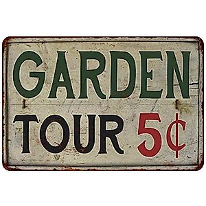 Pozino Vintage Metal Sign Garden Tours 5 Cents Cute Tin Sign Home Cafe Bedroom Wall Decoration Easter Mother's Day Best Gifts for Friends Family Neighbors 8X12 inch