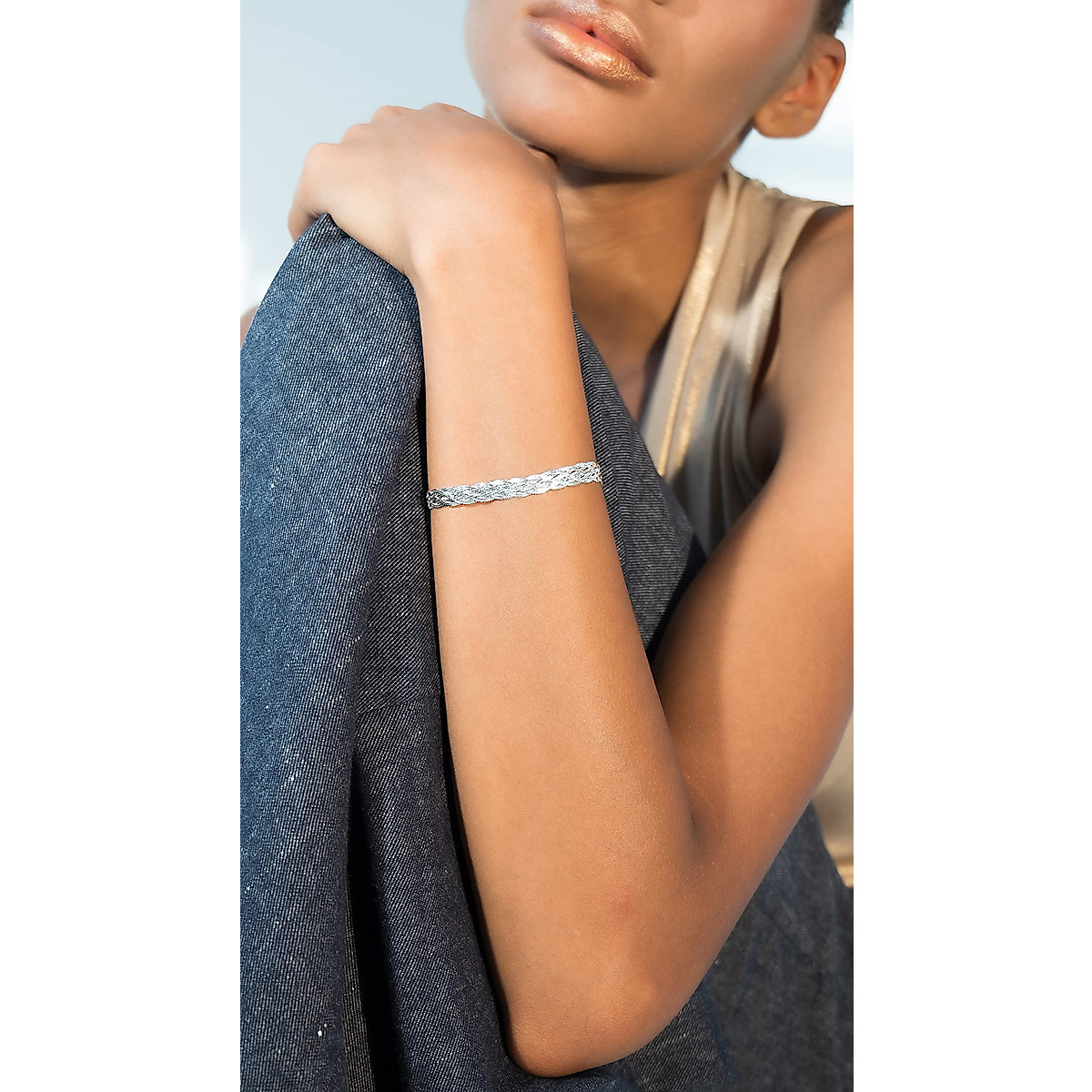 Miabella 925 Sterling Silver Italian 6-Strand Diamond-Cut 7mm Braided Herringbone Chain Bracelet for Women, 925 Italy (Length 7.25 Inches)