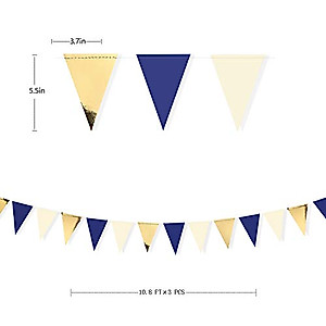 30 Ft Navy Blue Beige Gold Party Decorations Hanging Paper Triangle Flag Pennant Banner Bunting Garland for Bachelorette Engagement Wedding Birthday Baby Bridal Shower Anniversary Hen Party Supplies
