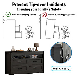 HUANLEGO Black Dresser for Bedroom with LED Lights, Modern Black Dressers Chest of Drawers Bedroom Wood Dresser Rustic Wide Storage Drawers Dressers Organizer for Closet, Living Room, Hallway