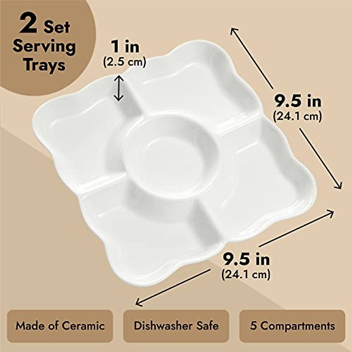Set of 2 Porcelain Appetizer Serving Trays, 5-Compartment Reusable Divided Platters for Charcuterie Boards, Finger Foods, Fruit, Veggies, Snacks Desserts (9.5x9.5x1 in)