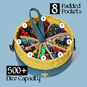 CardKingPro Monstrous - Dice Bag with 8 Pockets - Blue/Yellow - Huge Capacity 500+ Dice - Great for Dice Hoarders