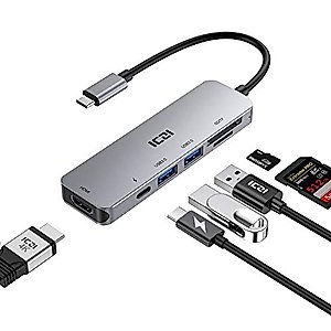 USB C Hub, ICZI USB C Adapter, 6-in-1 USB C to 4K HDMI Multiport Adapter, USB C Dongle for MacBook Air/MacBook Pro/iPad/HP/Dell, and More Type C Devices(4K HDMI/USB3.0/100W PD/SD/TF Card Reader)
