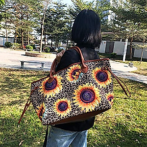 JIU HONG CHAO Large Tote Bag for Women Sunflower Purse Leopard Print Handbag Canvas Beach Bag Lightweigh Tote with Faux Leather Handle Cheetah Gifts for Women…