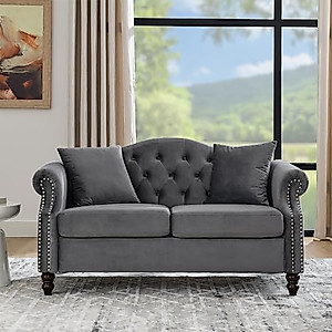57" Chesterfield Sofa with 2 Pillows,2 Seater Sofa Tufted Couch with Rolled Arms and Nailhead for Living Room, Bedroom, Office, Apartment(Grey)