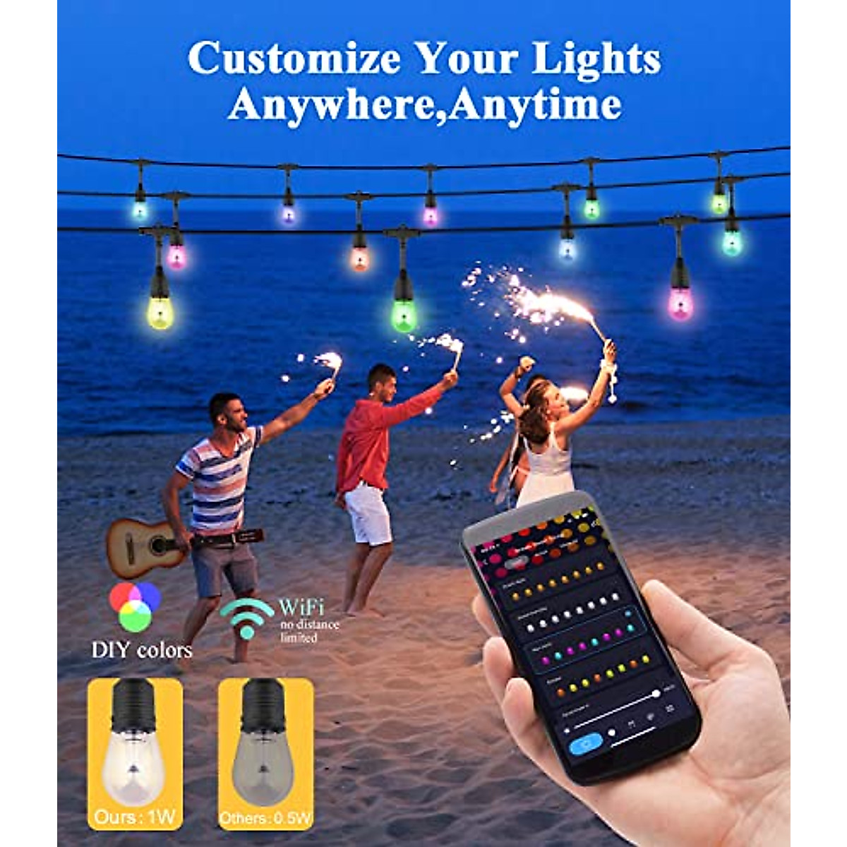 genlar Smart Christmas String Lights, APP Control Patio Lights LED RGBCW Color Changing Lights Dimmable Waterproof Shatterproof Commercial Hanging Lights for Outdoor Cafe Garden (48ft/15bulbs)