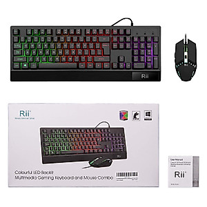 Rii RK400 RGB Gaming Keyboard and Mouse Combo ,Wired Mechanical Feel 3-LED Backlit Keyboard,104 Keys USB Ergonomic Wrist Rest Keyboard,6 Button RGB Mouse for Windows Gamer Desktop, Computer (Black)